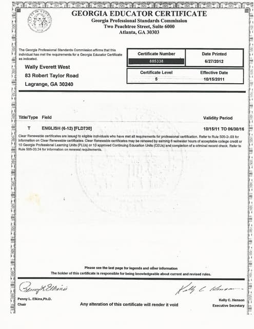 Alabama Teacher Certificate West | PDF