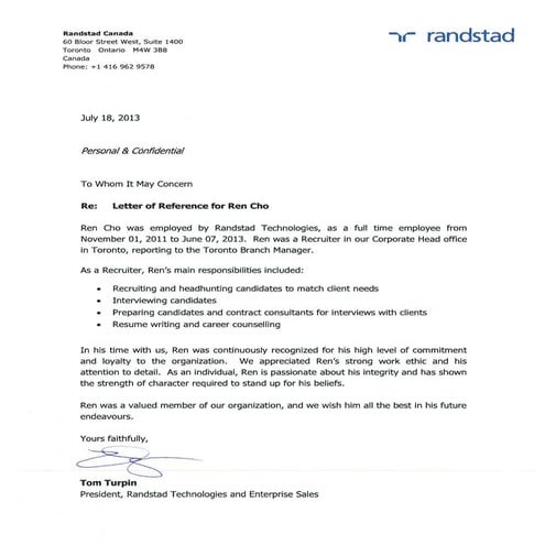 Randstad President Reference Letter | PDF