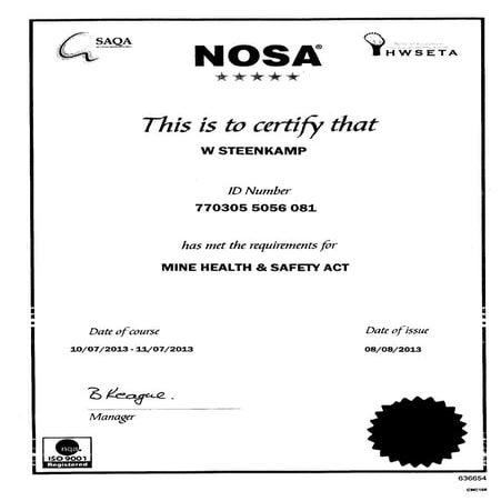 W Steenkamp - NOSA Certificates | PDF