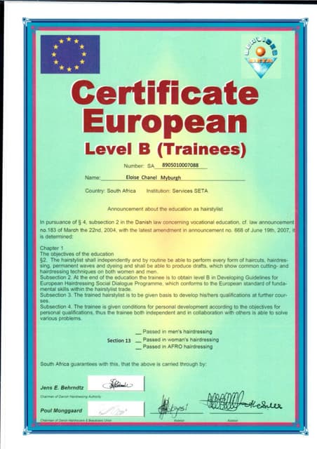 Eloise - SETA Certificate | PDF