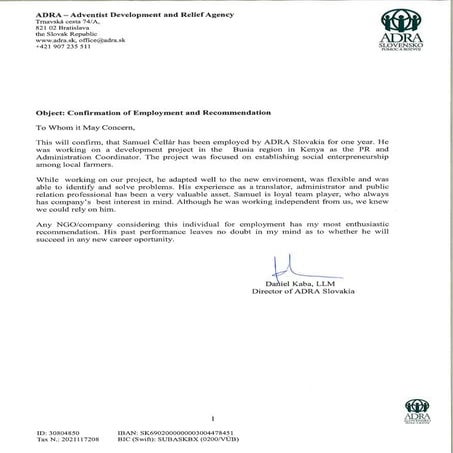 Reference Letter ADRA Slovakia | PDF
