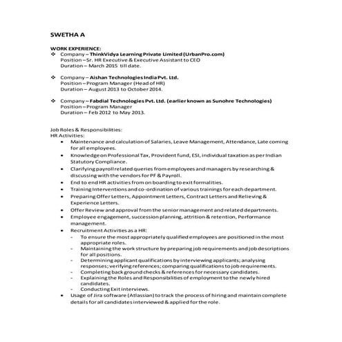 SWETHA A - Resume HR March 2016, without contact | PDF
