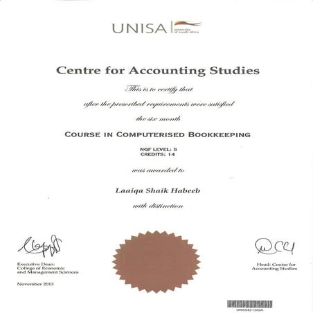 UNISA Comp Bookkeeping Certificate | PDF