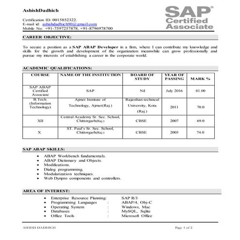 Ashish_Dadhich@SAP ABAP Fresher Resume | DOCX
