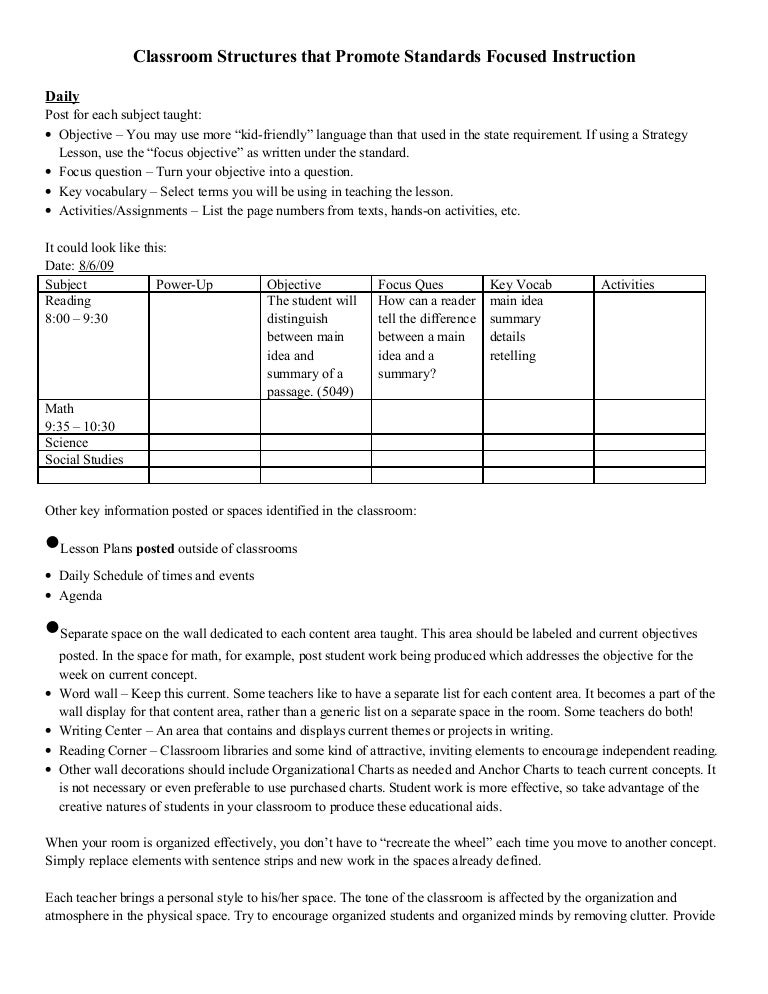 Classroom Structures That Promote Standards Focused Instruction