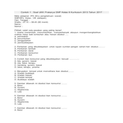 2 contoh soal ukk prakarya smp kelas 8 kurikulum 2013 tahun 2017 | PDF