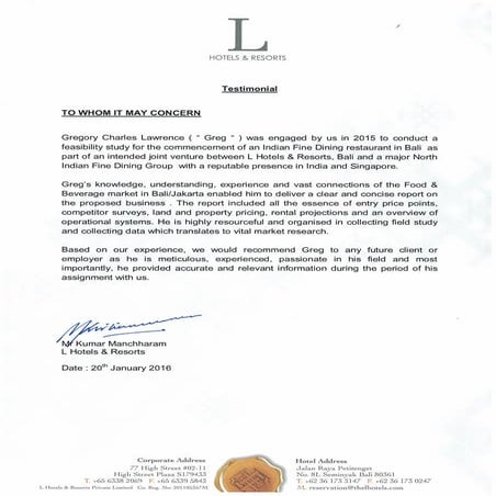 L Hotels - Greg Lawrence Testimonial | PDF