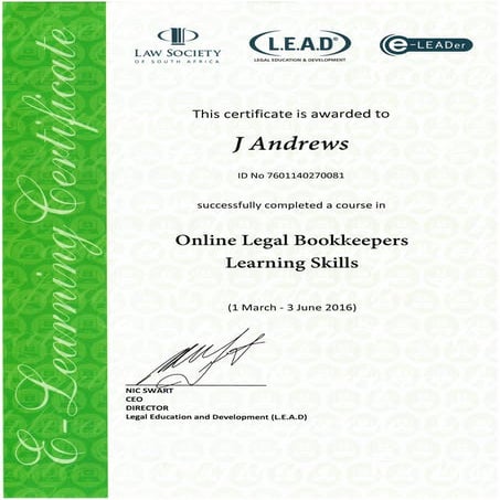 J Andrews - Legal Bookkeeper Certificate [June 2016] | PDF