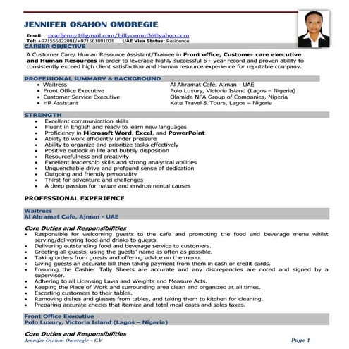 CV (Jennifer) - Customer Service | PDF
