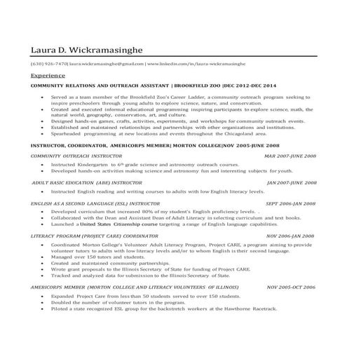 Laura Wickramasinghe Resume 2016 Education Outreach | DOCX