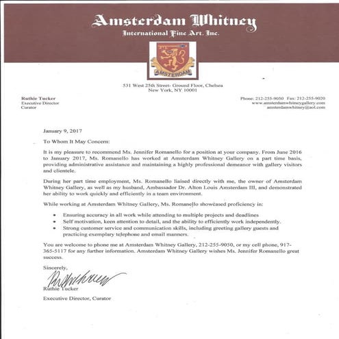 JENNIFER ROMANELLO LETTER OF RECOMMENDATION AMSTERDAM WHITNEY GALLERY | PDF