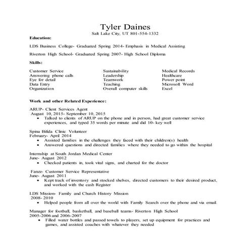 Tyler Daines General Resume | DOCX | Medical Health