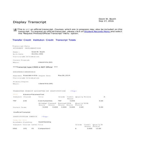 Unofficial Transcript | DOCX | Undergraduate Education | College Education