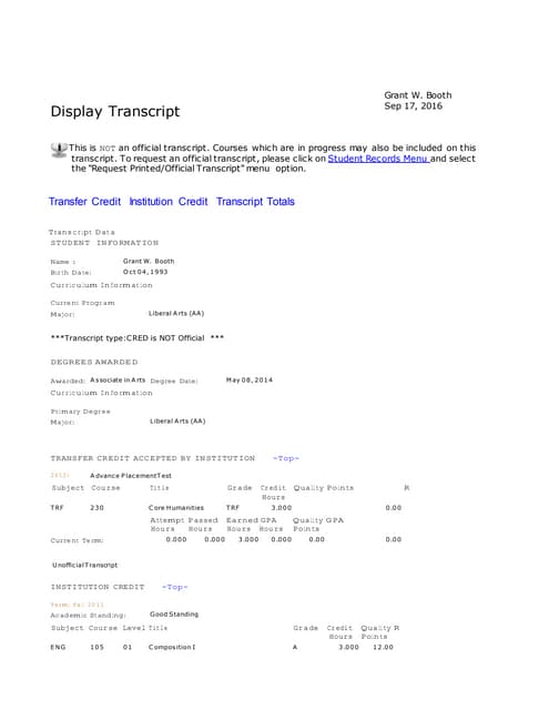 Unofficial Transcript | PDF
