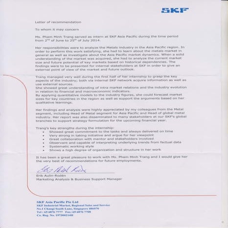 SKF Recommendation Letter - Pham Minh Trang NUS | PDF
