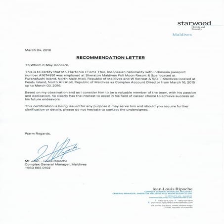 Complex General Manager Recommendation letter | PDF