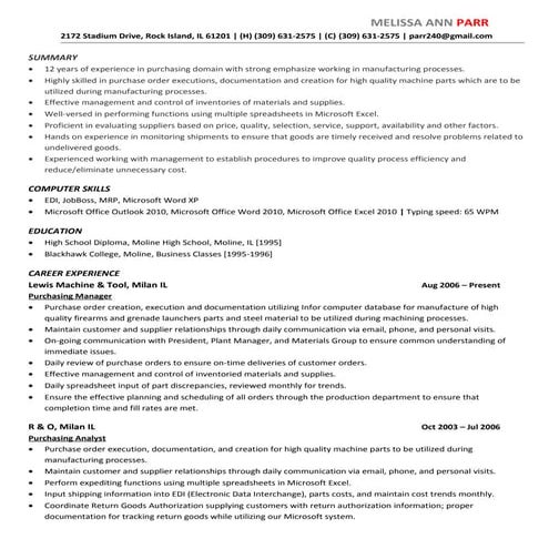 Melissa Parr Resume | DOC | Logistics | Business