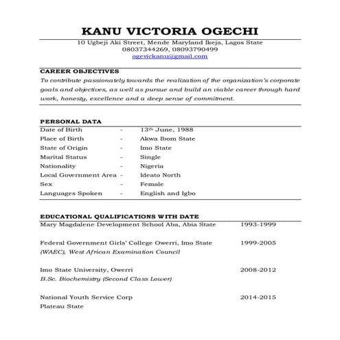 KANU VICTORIA OGECHI | DOCX | Career Planning | Careers