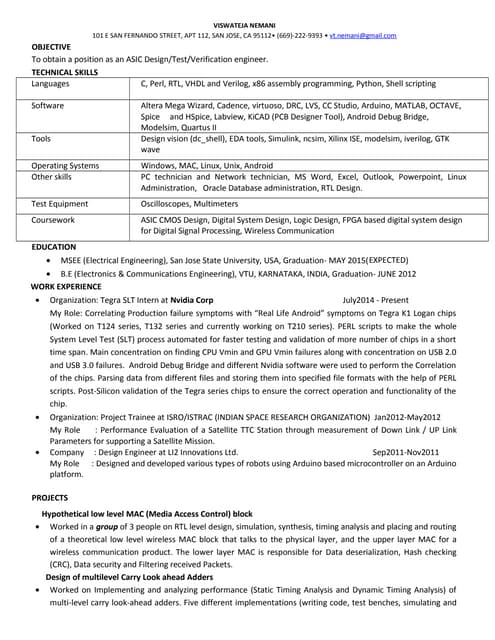 VLSI Fresher Resume | PDF | Computing | Technology & Computing