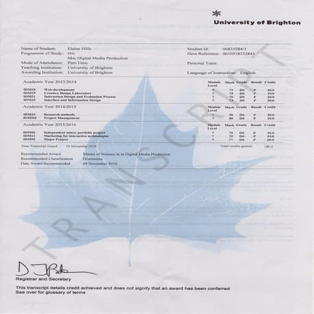 Elaine Hills MSc transcript | PDF