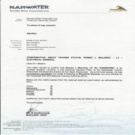 CONFIRMATION ABOUT TRAINEE STATUS ROMEO L MALUNDU L3 original | PDF