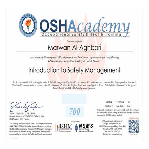 OSHAcademy Introduction to Safety Management Certificate | PDF