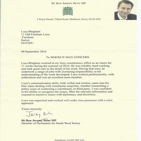 Rt Hon Jeremey Hunt MP - Letter of Reference | PDF