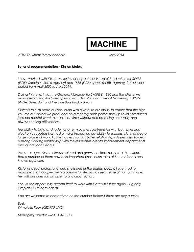 Letter of recommendation MACHINE