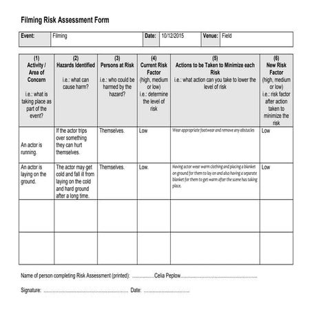 Filming Risk Assessment Form | PDF | First Aid | Injuries