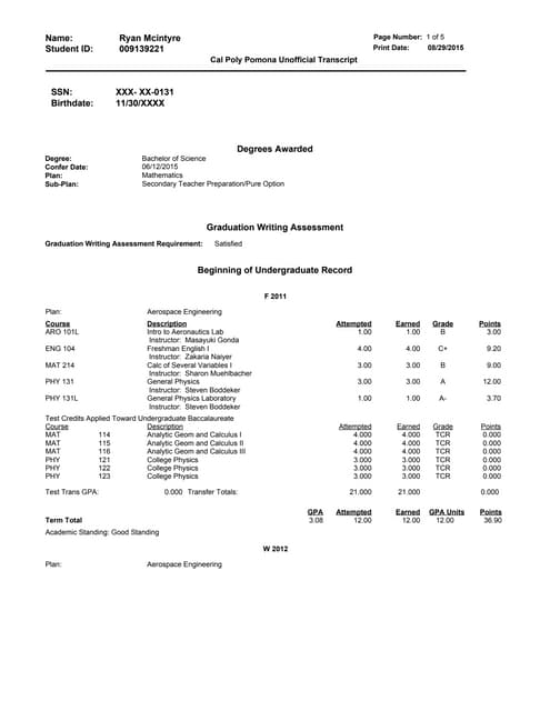 Academic Transcript | PDF | Undergraduate Education | College Education