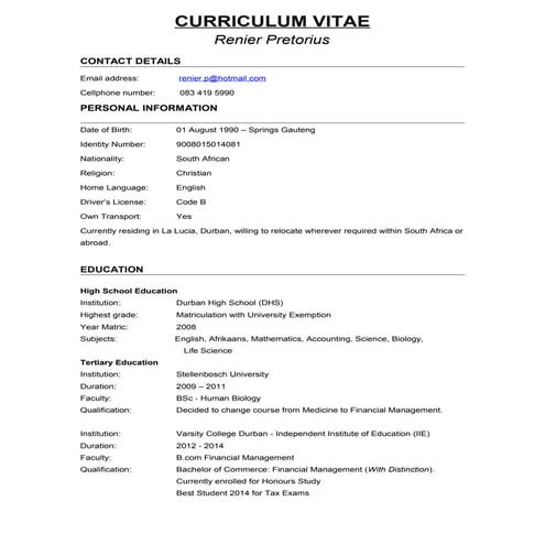 Renier CV 24 Aug 2015 | DOC