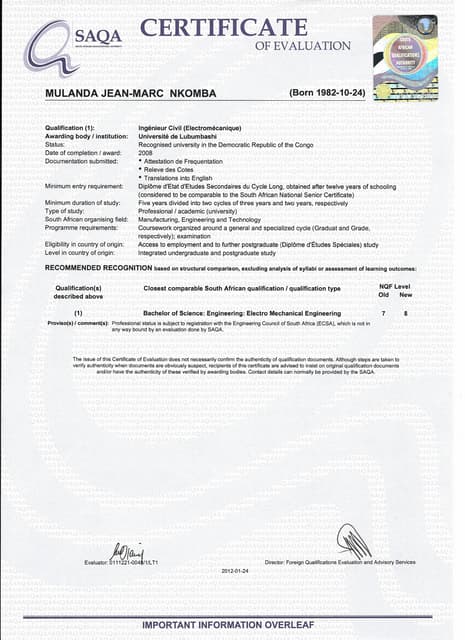 SAQA Certificate | PDF