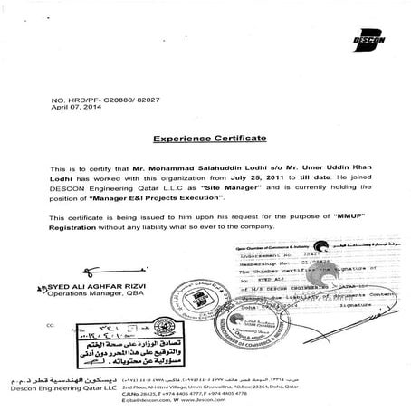 Descon Qatar Exp. Cert | PDF