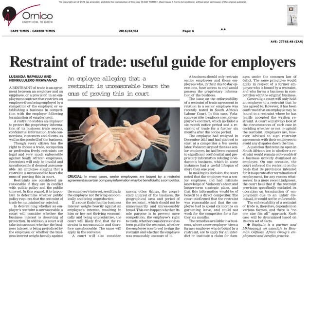 Restraints of trade_a guide for employers_L.Raphulu and N.Mkhwanazi | PDF