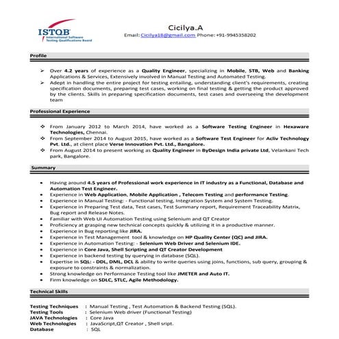 Cicilya (4.5 years experience in Software Testing) | PDF