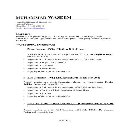 waseem cv | DOCX | Civil Engineering Industry | Industries
