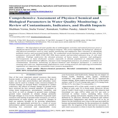 Comprehensive Assessment of Physico-Chemical and Biological Parameters ...