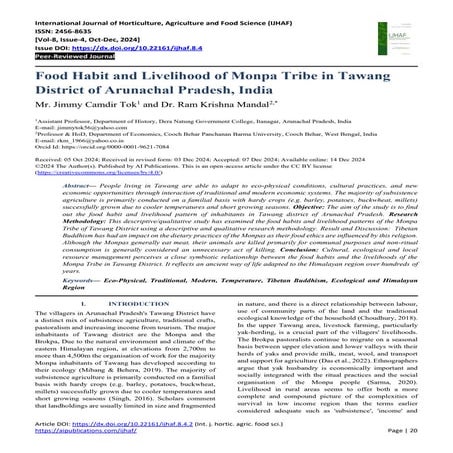 Food Habit and Livelihood of Monpa Tribe in Tawang District of ...