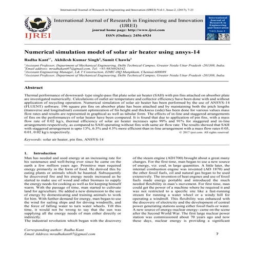 Numerical simulation model of solar air heater using ansys-14 | PDF