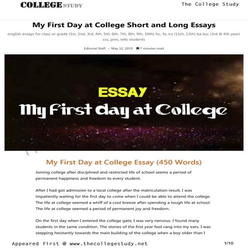 2 my first day at college short and long essays the college study | PDF