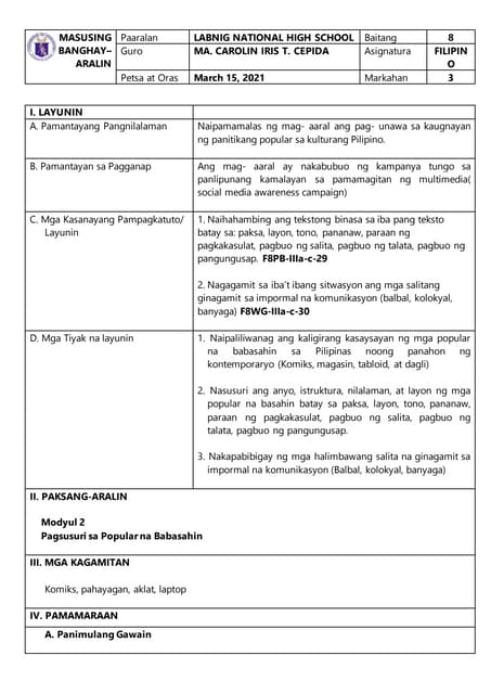 Tos filipino unang markahan grade 8 | PDF