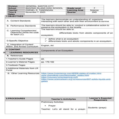 LESSON PLAN SCIENCE 7 ECOSYSTEM BIOTOC AND ABIOTIC FACTORS | DOCX