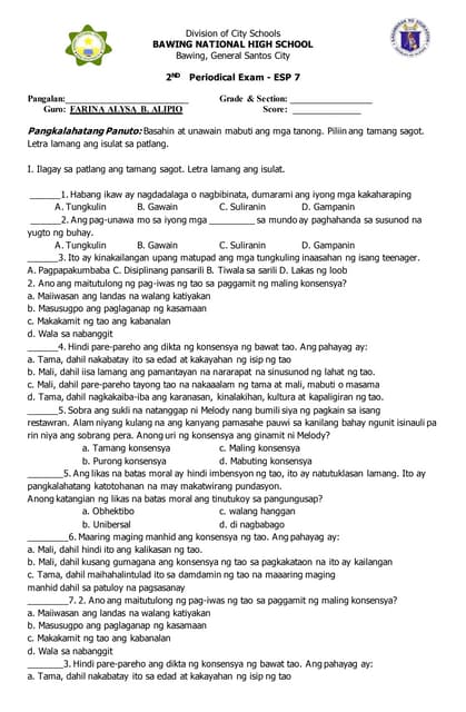 2nd-Quarter-Exam-EsP-10 for second grading | DOCX