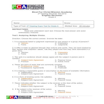2nd grading reviewer set english | DOCX