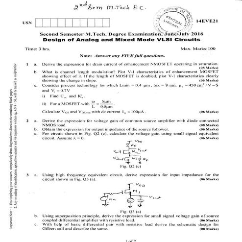 2nd Semester M Tech: VLSI Design and Embedded System (June-2016) Question Papers | PDF ...