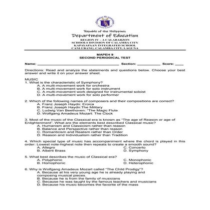 4th Quarter Long Test MAPEH for Grade 9 students | PDF