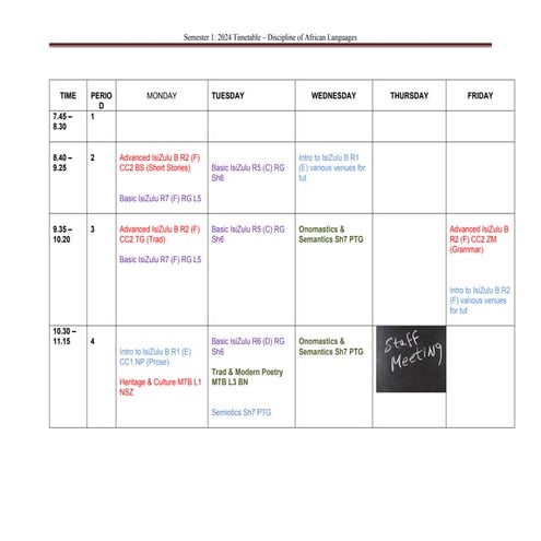 Time table for second semester, isizulu B | PPT