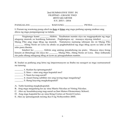 K to 12 Filipino Grade 2 (4th Quarter 2nd Summative Test) | DOCX