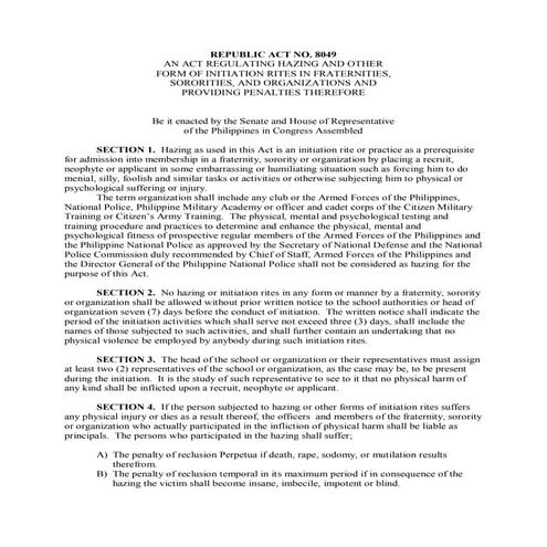 RA 8049 Antihazing Law | PDF