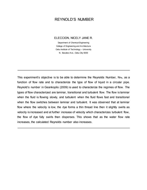 Fluid Mechanic Lab - Reynold's Number Experiment | PDF